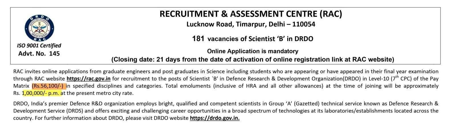 DRDO-RAC Project Scientist 2023 Online Form ! Apply Today